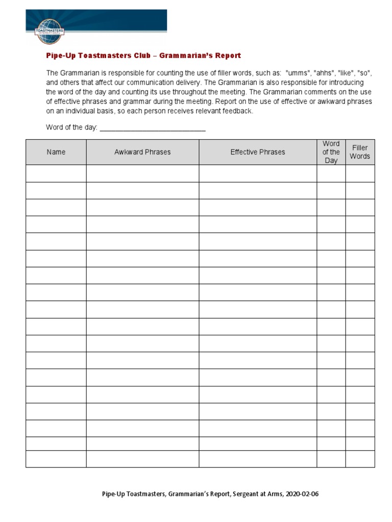 Pipe-Up Toastmasters Club - Grammarian's Report | PDF