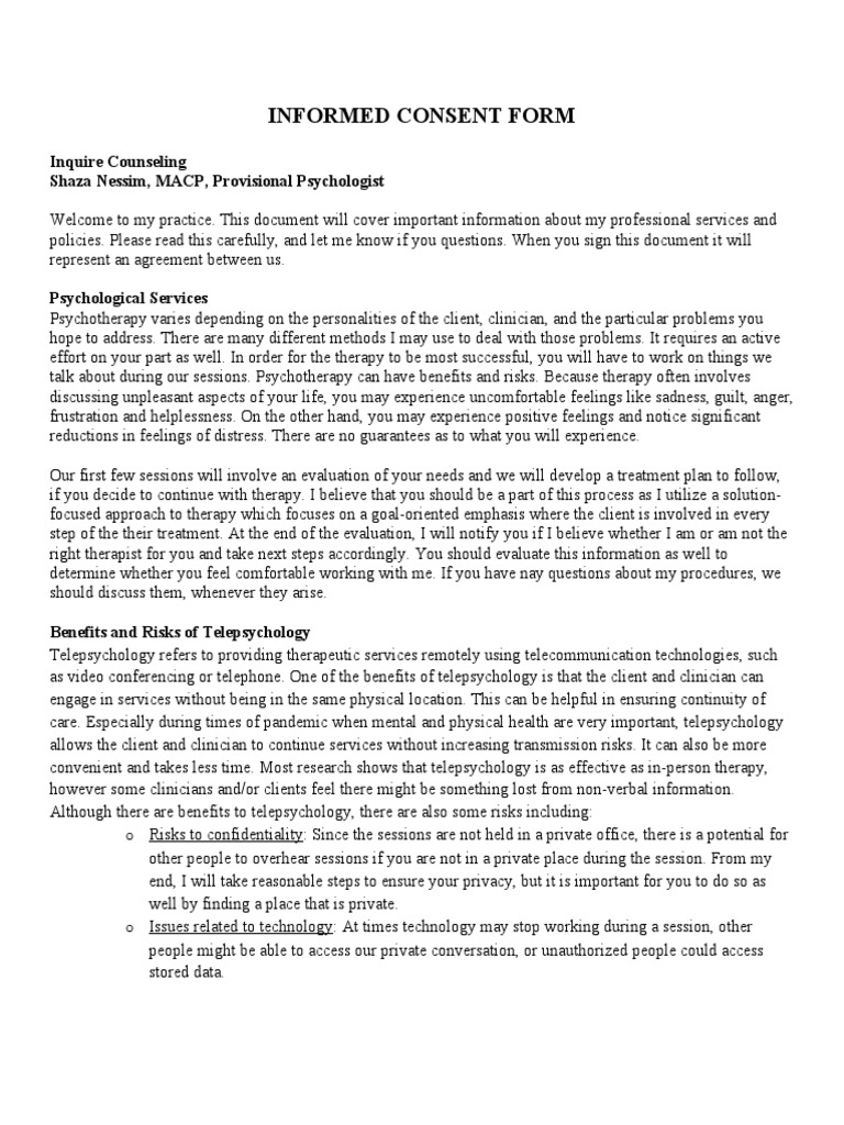 Informed Consent Form: Inquire Counseling Shaza Nessim, MACP ...