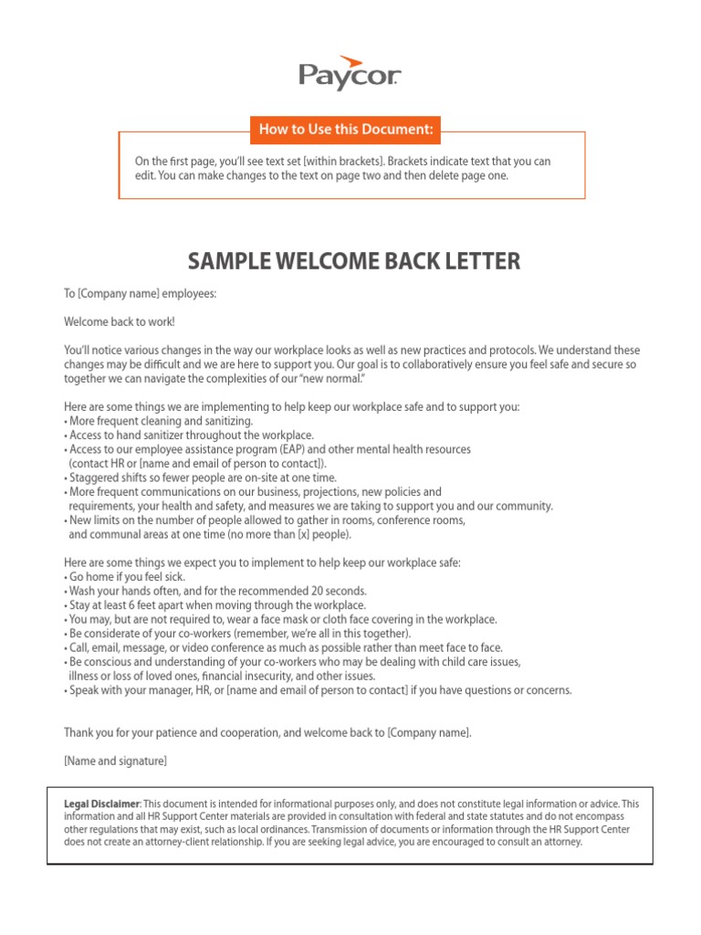 Sample Welcome Back Letter: How To Use This Document | PDF | Business