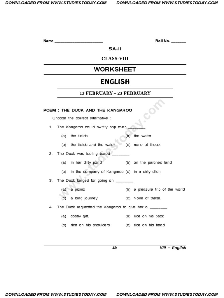 CBSE Class 8 English Worksheet 40 | PDF