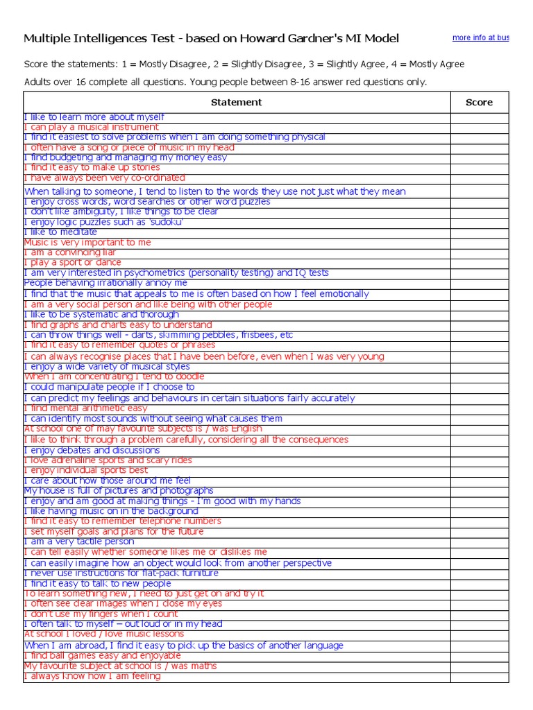 Free Multiple Intelligences Test | PDF | Neuropsychological Assessment ...