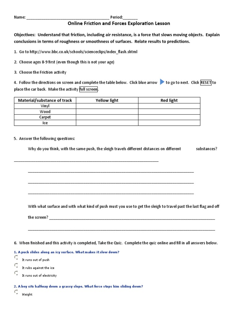 Online Frictionand Forces Exploration Worksheet | PDF | Gravity | Force