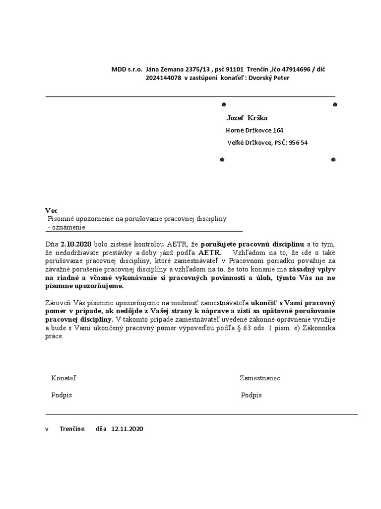 Vzor Upozornenia Na Porusenie Pracovnej Discipliny Vytykaci List V Roku 2018 | PDF