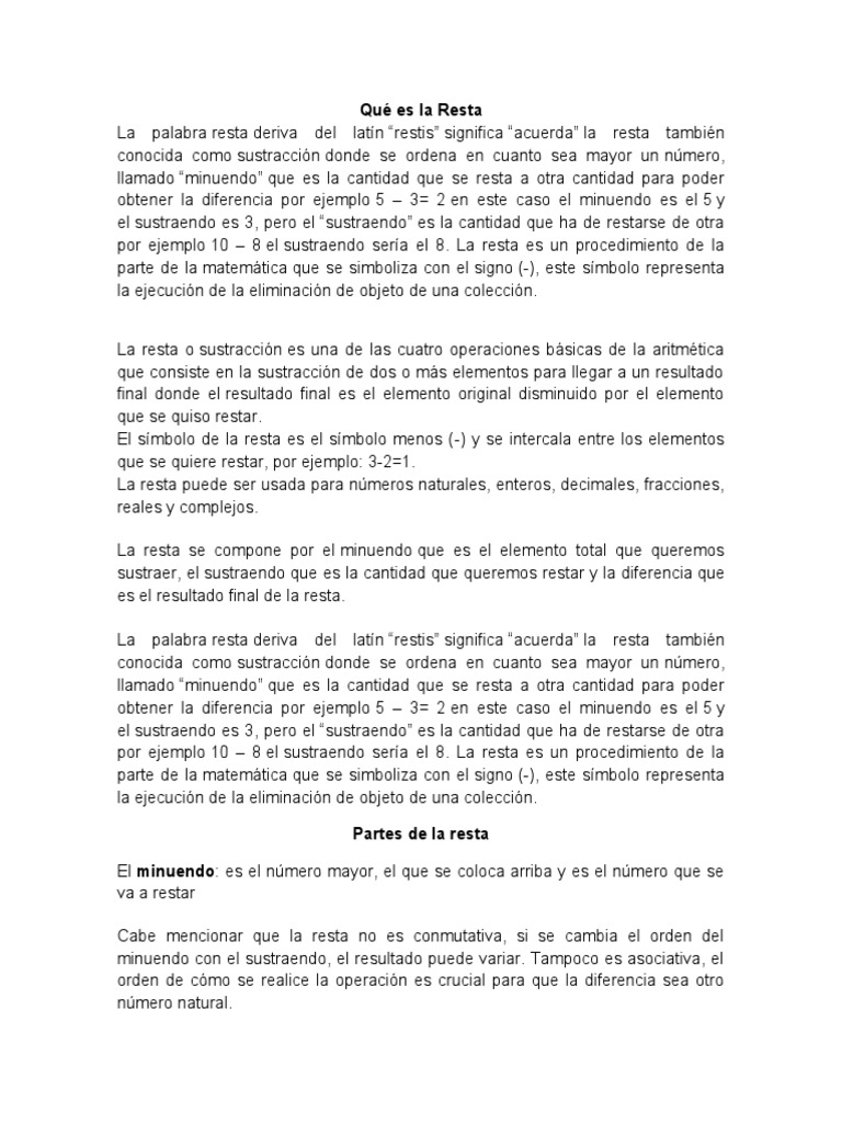 Qué Es La Resta | PDF | Sustracción | Aritmética