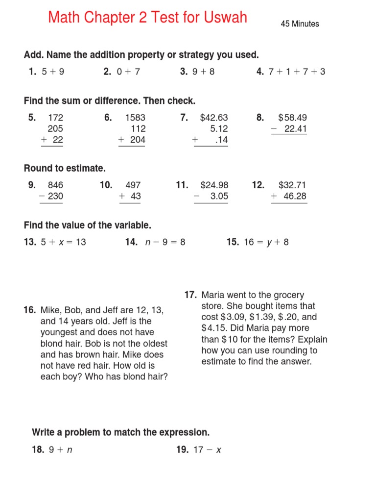 Math Chapter 2 Test For Uswah: 45 Minutes | Download Free PDF ...
