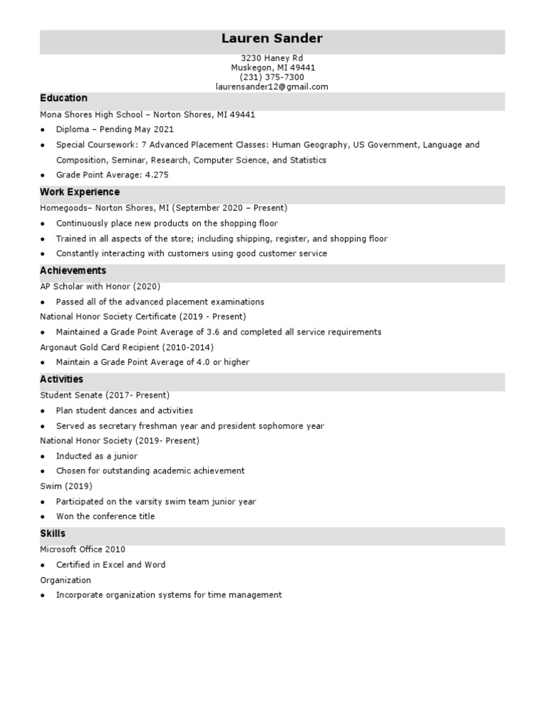Lauren Sander - 1st Resume Student Sample | PDF