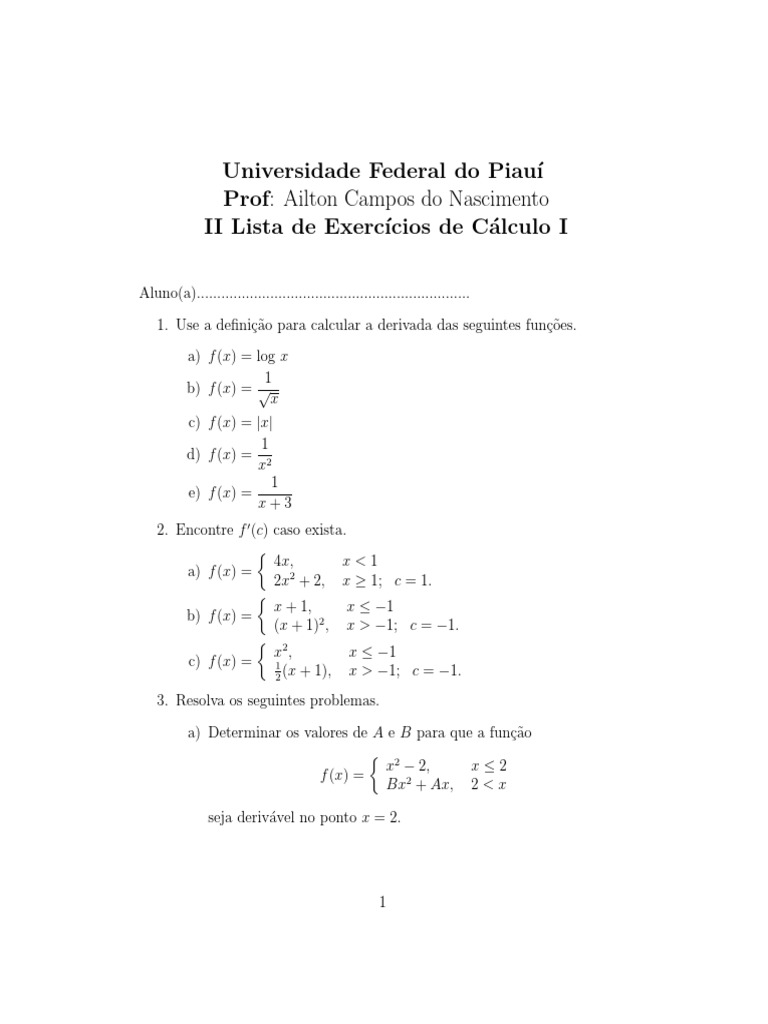 Lista de Exercícios de Cálculo 1 - Primeira Prova | PDF | Derivado | Curva
