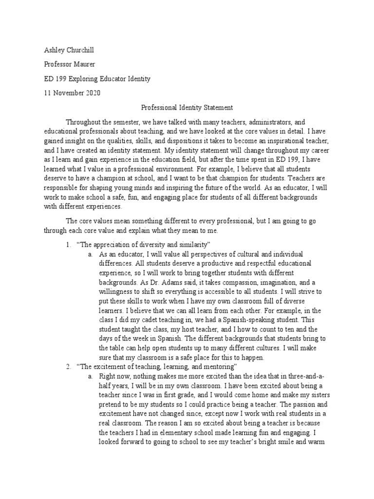 Ed 199 Professional Identity Statement | PDF | Teachers | Classroom