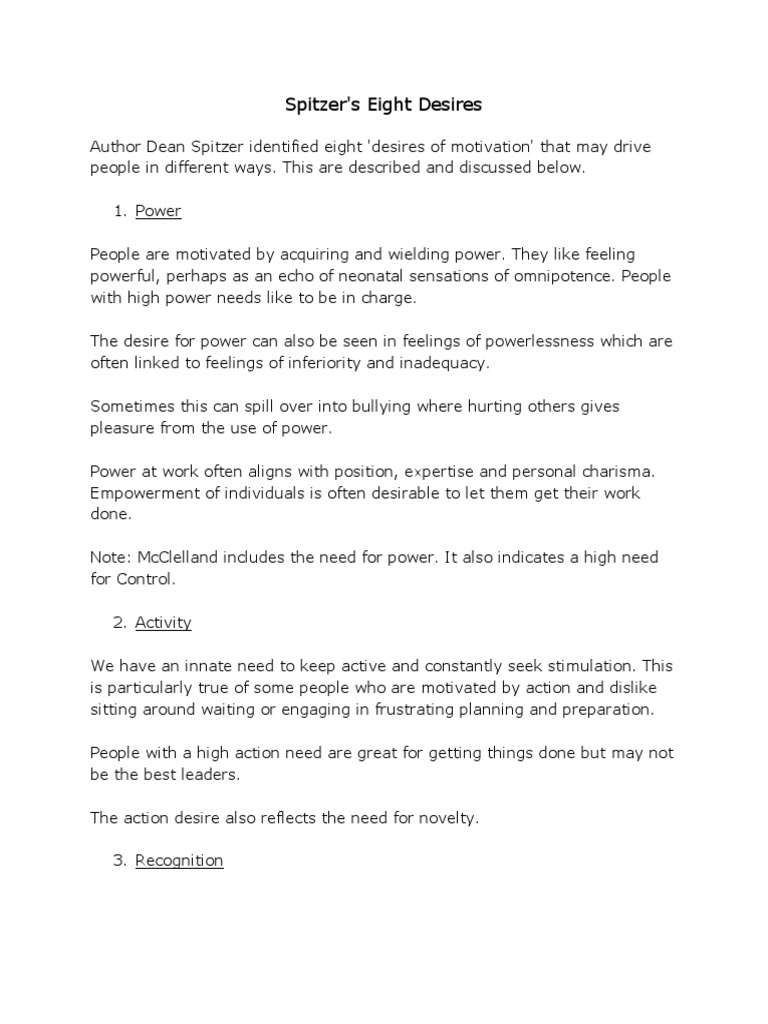 Spitzer's Eight Desires | PDF | Social Psychology | Applied Psychology