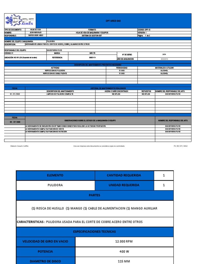 Ficha Tecnica Pulidora | PDF