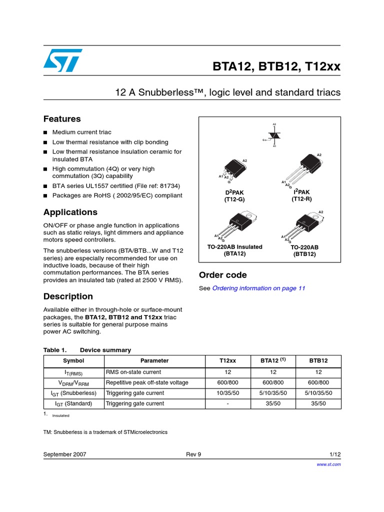 BTA12, BTB12, T12xx: 12 A Snubberless™, Logic Level and Standard Triacs ...
