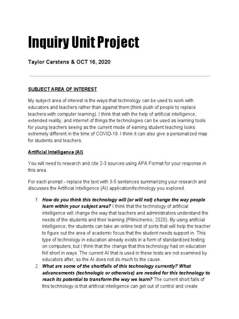 Inquiry Project Template | PDF | Artificial Intelligence | Intelligence ...