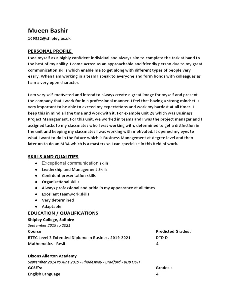 Work Placement Mueen Bashir - CV 1 | PDF | Cognition | Behavior Modification
