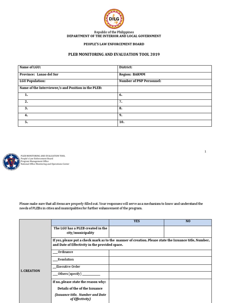 Pleb Monitoring and Evaluation Tool 2019: Republic of The Philippines ...