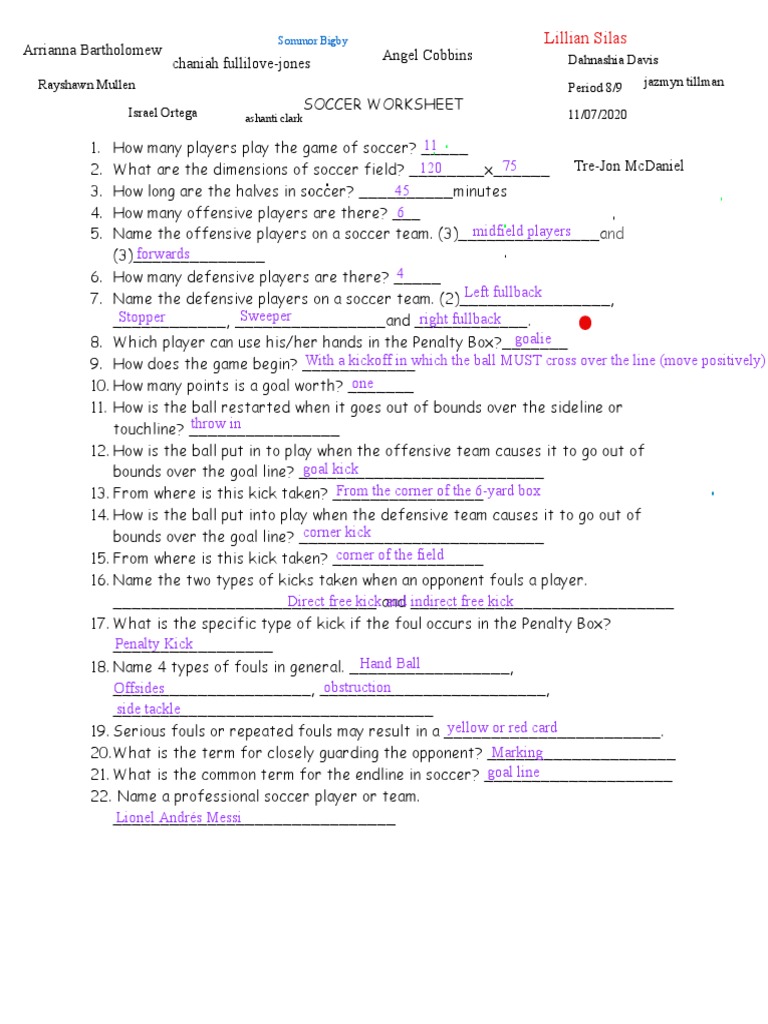 Soccer Basics Worksheet for Students | PDF | Defender (Association ...