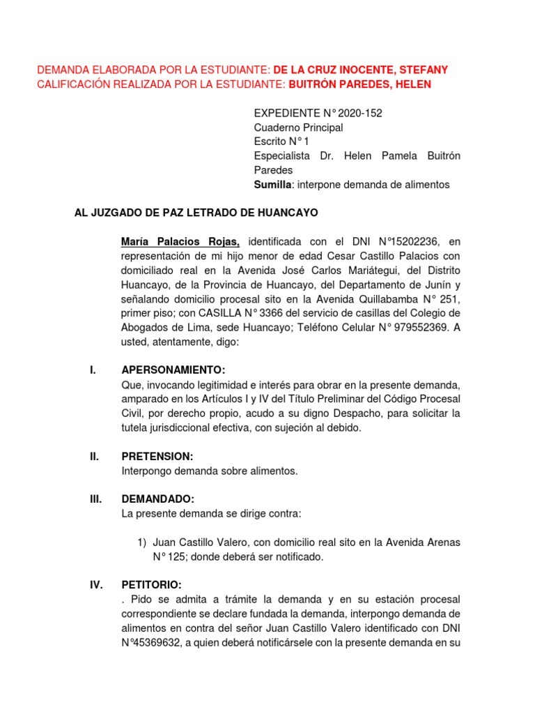Demanda Por Alimentos y Calificación - Buitrón Paredes, Helen Clase N10 | PDF | Demanda judicial ...