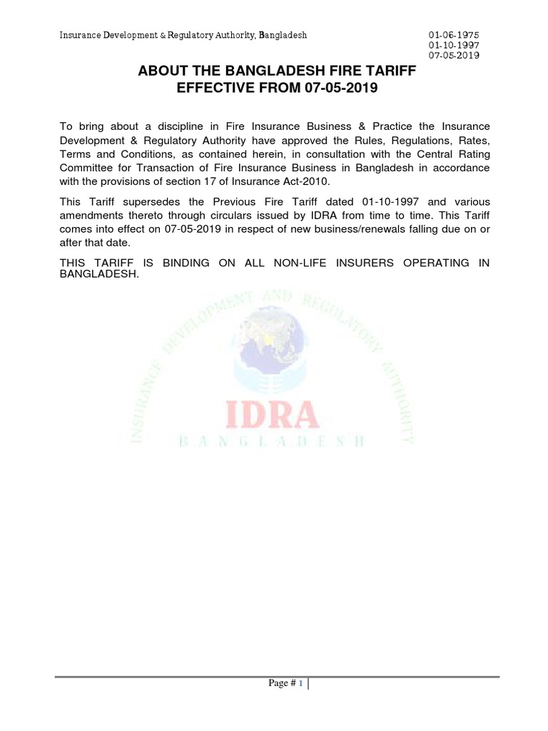 Bangladesh Fire Insurance Tariff 2019 | PDF | Arbitral Tribunal | Pro Rata