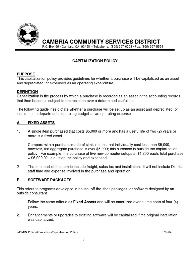 Cambria Community Services District: Capitalization Policy | PDF ...