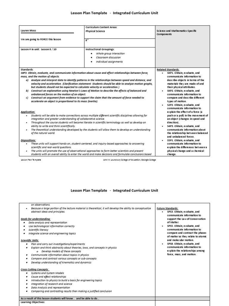 Lesson Plan Template - Integrated Curriculum Unit: Lauren Moss ...