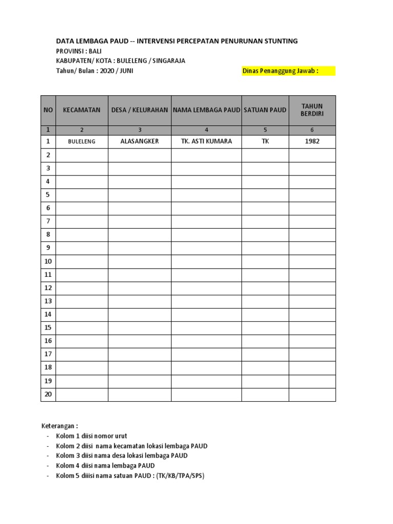 Form Isian Data Stunting - PAUD | PDF