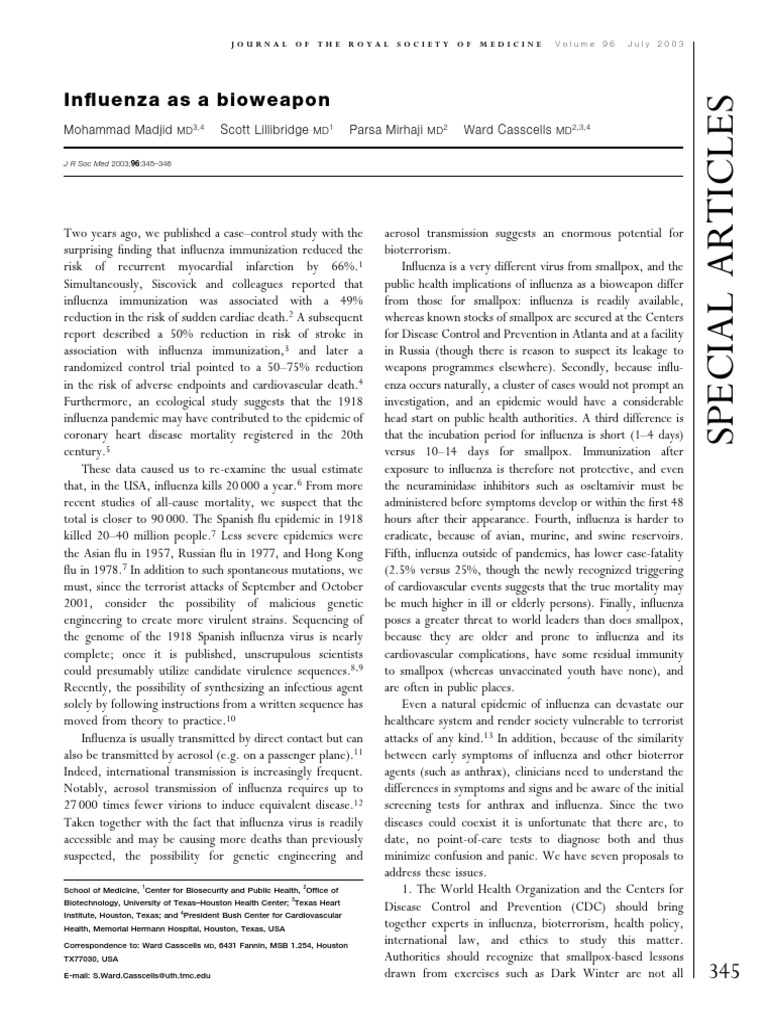 Influenza As A Bioweapon: Mohammad Madjid Scott Lillibridge Parsa ...