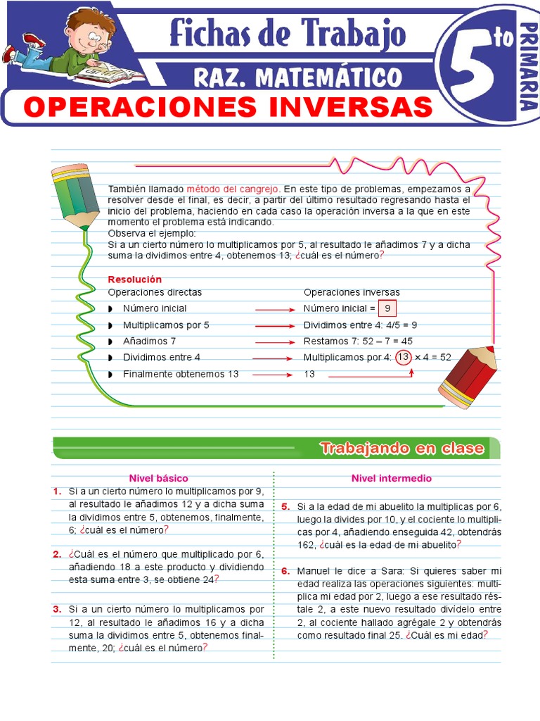Operaciones Inversas para Quinto Grado de Primaria | PDF | Enseñanza de ...