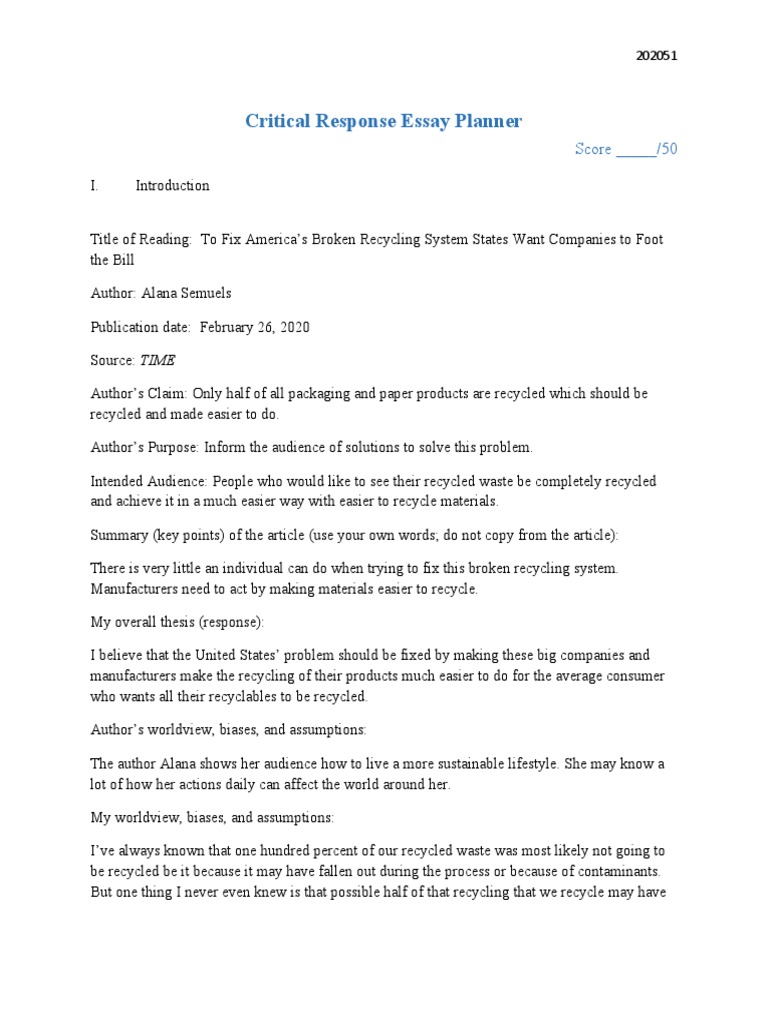 Critical Response Essay Planner: Score - /50 | PDF | Recycling ...