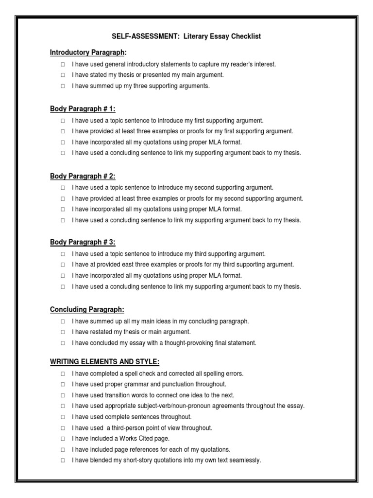 SELF-ASSESSMENT: Literary Essay Checklist Introductory Paragraph | PDF