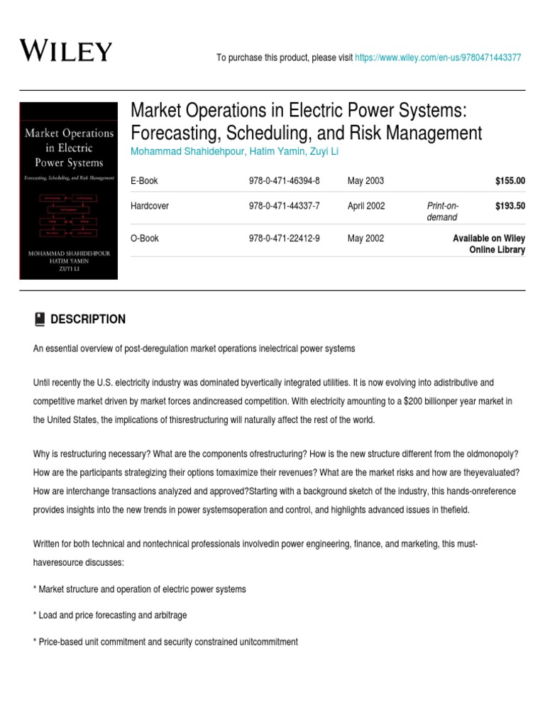 Wiley - Market Operations in Electric Power Systems - Forecasting ...
