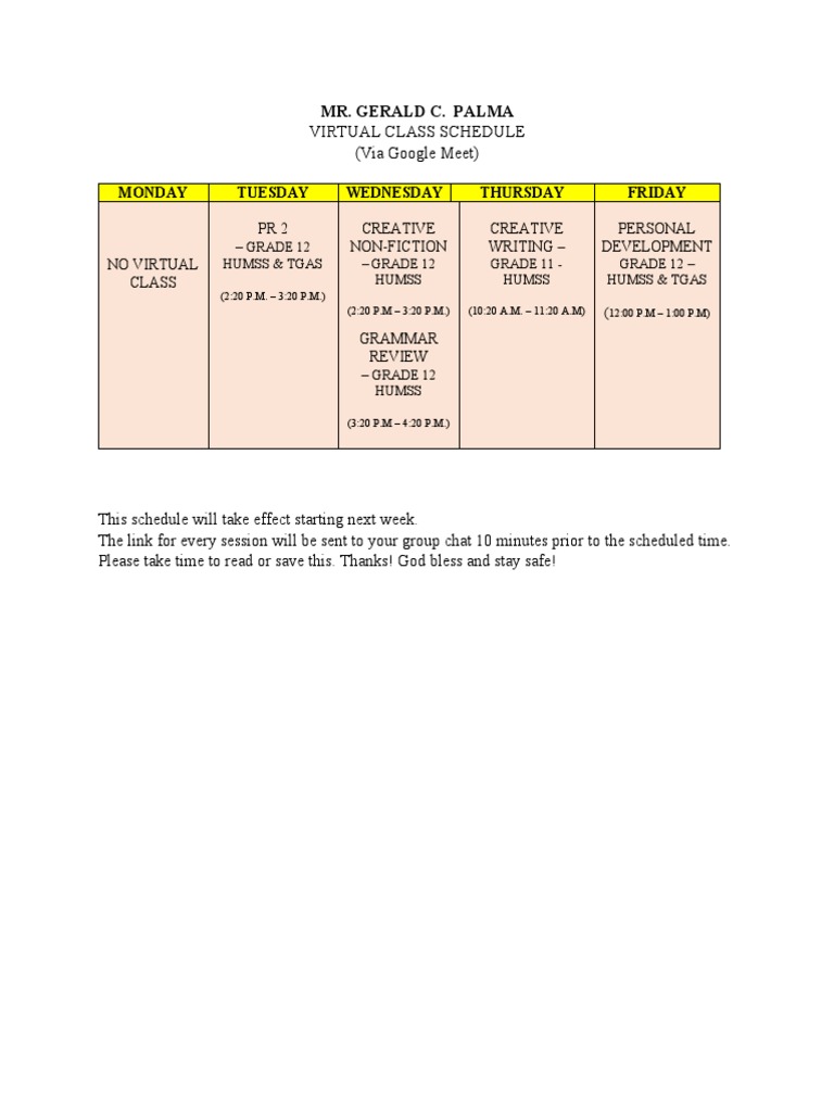 Palma's Virtual Class Schedule | PDF
