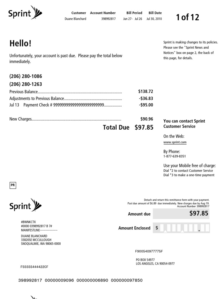 Sprint Bill Summary for Duane Blanchard | PDF | Fee | Roaming