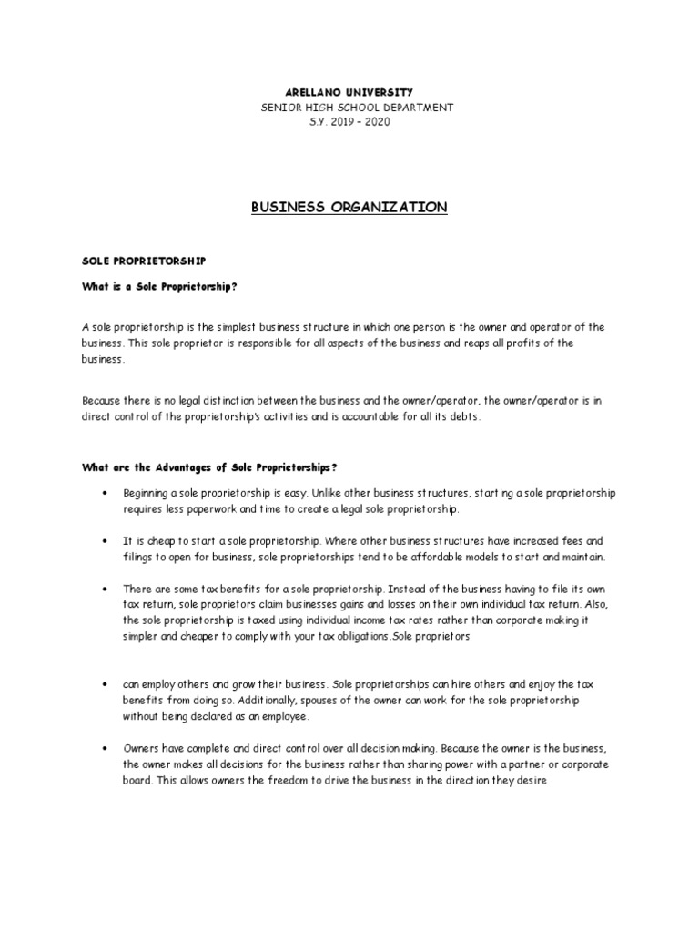 Business Organization: Arellano University | PDF | Sole Proprietorship ...