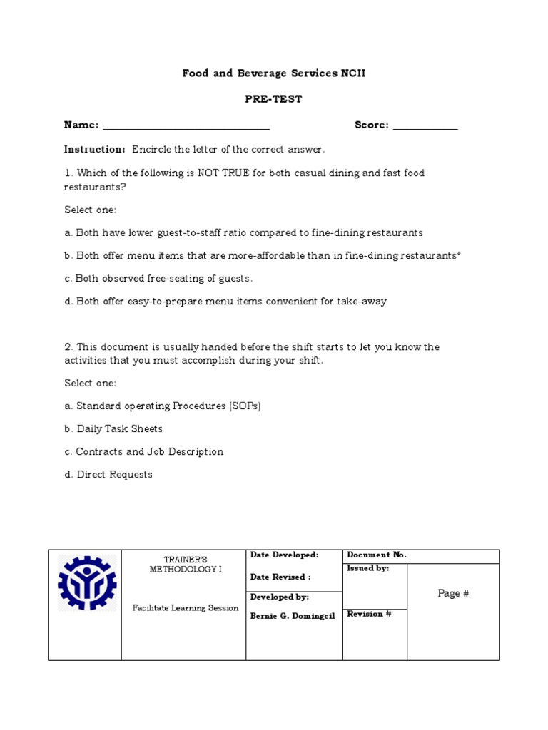 Pre and Post-Test Analysis in F&B Services | PDF | Statistical ...