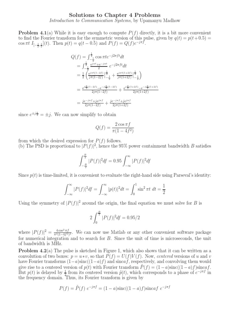 Solutions to Chapter 4 Problems: 1 2 1 2 1 2 1 2 1 2 1 2 jπt −jπt | PDF | Bandwidth (Signal ...