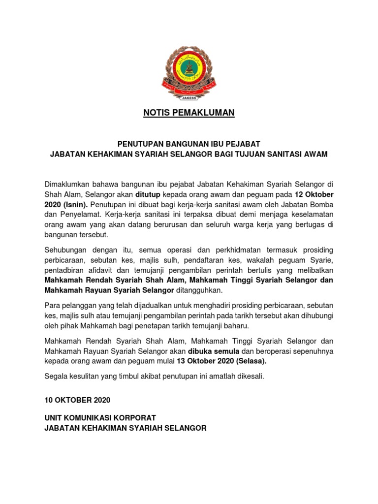 Notis Pemakluman Penutupan HQ Jakess | PDF