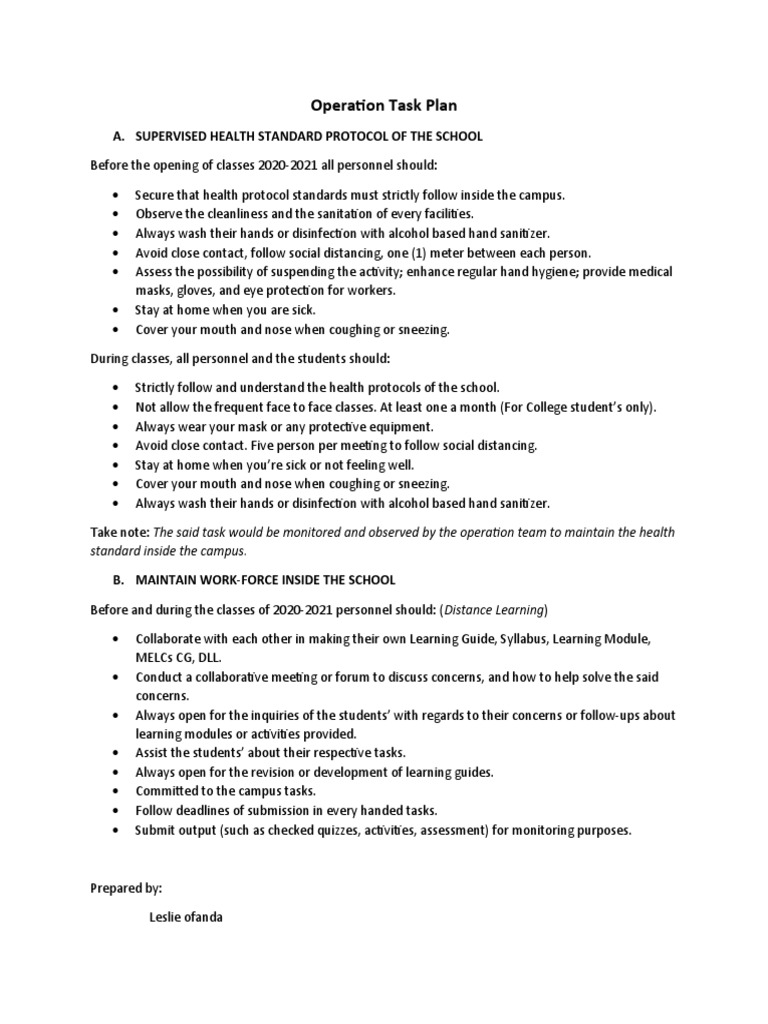 Operation Task Plan: A. Supervised Health Standard Protocol of The ...
