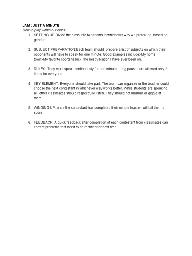 How To Play Within Our Class:: Jam: Just A Minute | PDF