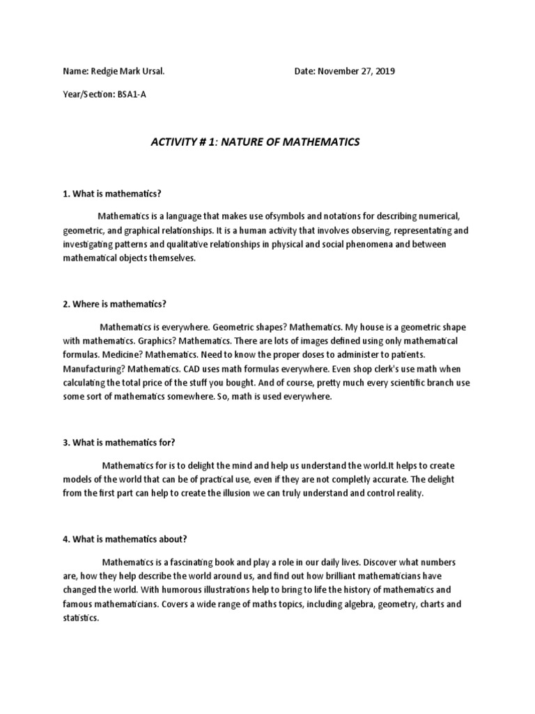 Activity # 1: Nature of Mathematics | PDF | Formalism (Deductive ...