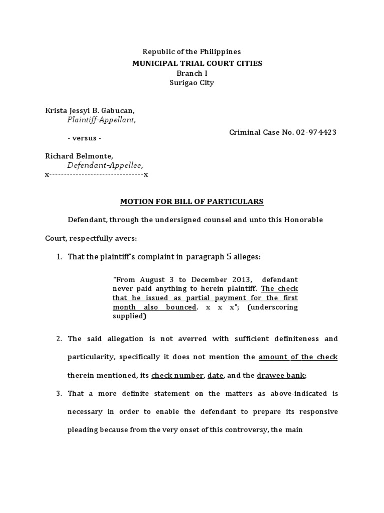 Bill of PArticulars Vender | PDF | Pleading | Separation Of Powers