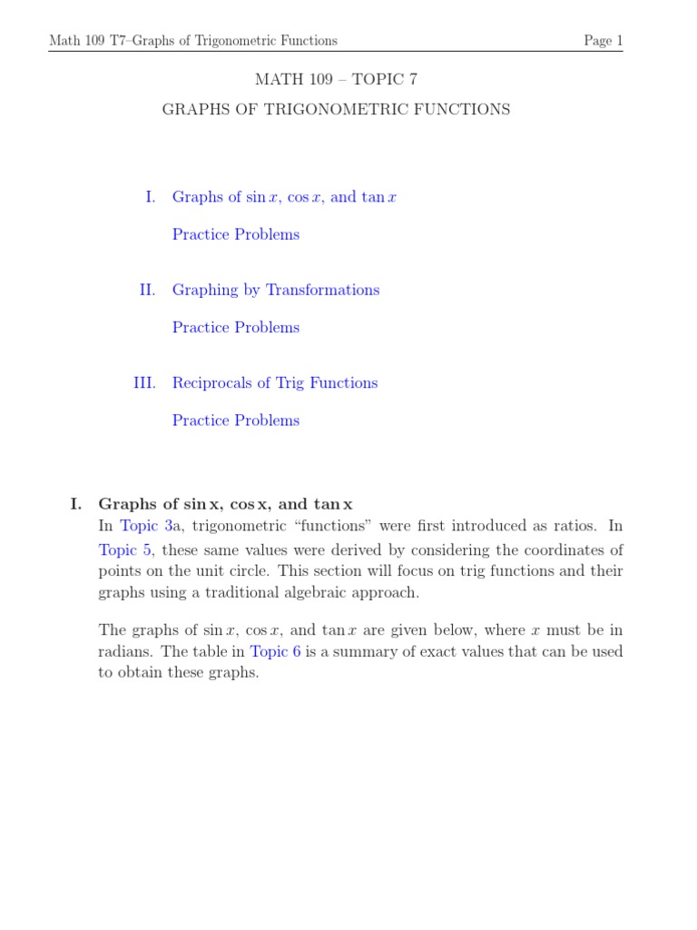 I. Graphs of Sin X, Cos X, and Tan X Practice Problems | PDF | Sine ...