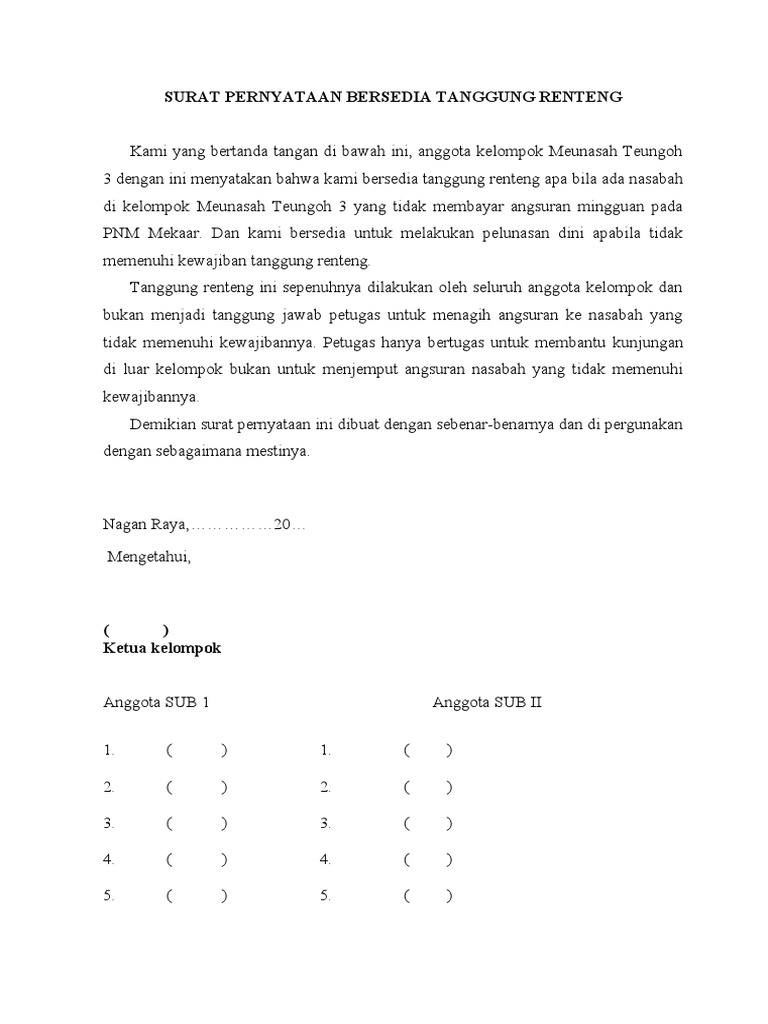 Surat Pernyataan Bersedia Tanggung Renteng | PDF