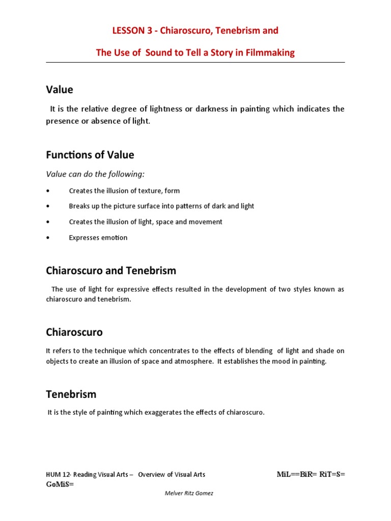 Value: LESSON 3 - Chiaroscuro, Tenebrism and The Use of Sound To Tell A ...