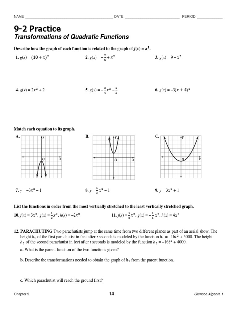 9-2 Practice: Transformations of Quadratic Functions | PDF | Teaching Methods & Materials