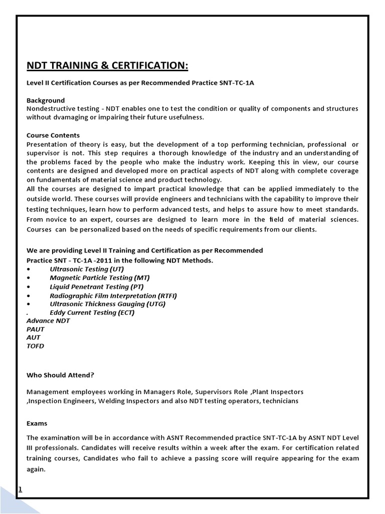 NDT Training & Certif Ication:: Level II Certification Courses As Per ...