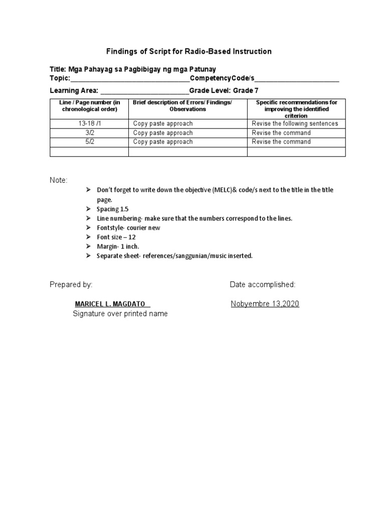 Findings of Script For Radio-Based Instruction | PDF