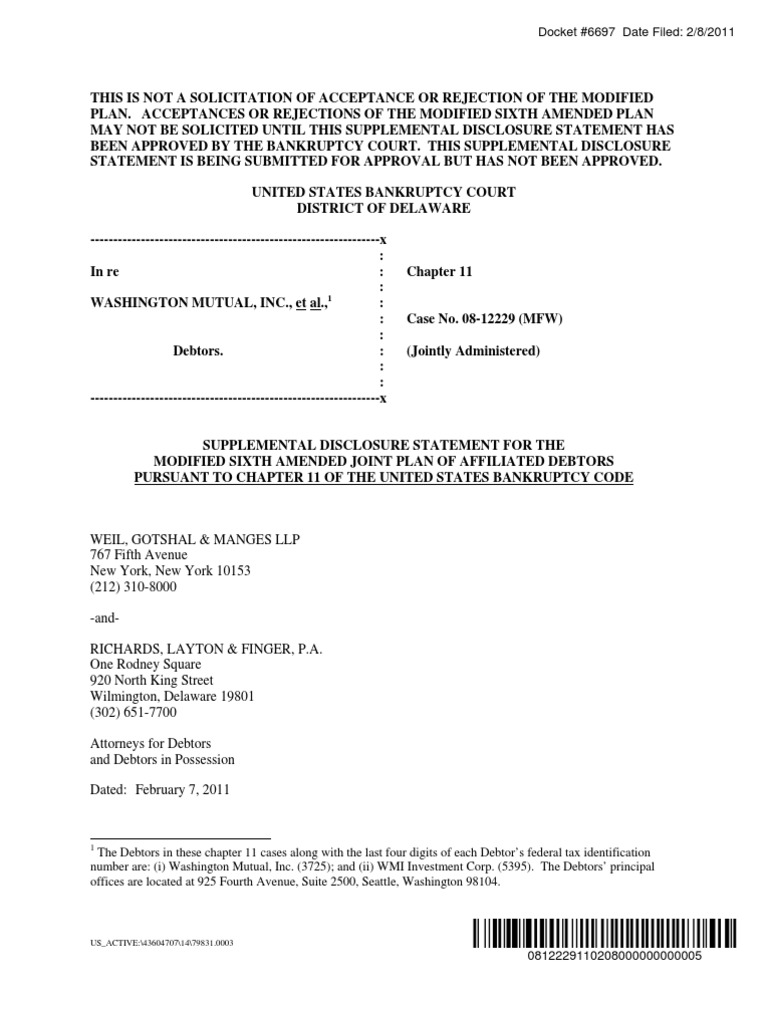 Washington Mutual (WMI) - Supplemental Disclosure Statement For The Modified Sixth Amended Joint ...