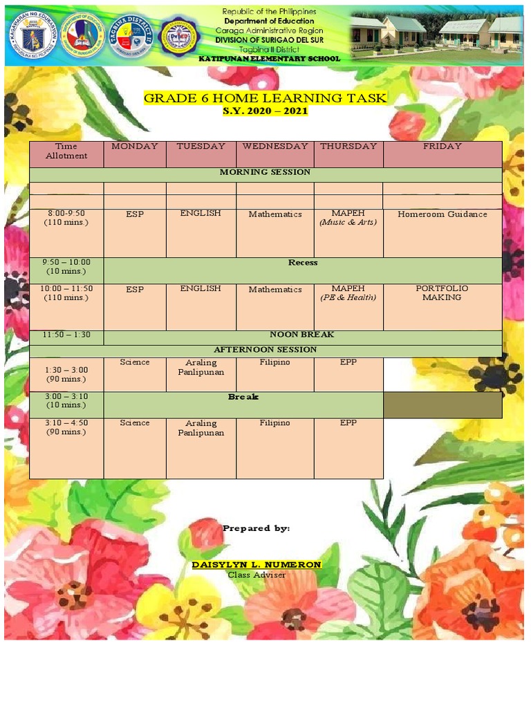 Grade 6 Home Learning Task: Time Allotment Monday Tuesday Wednesday Thursday Friday | PDF