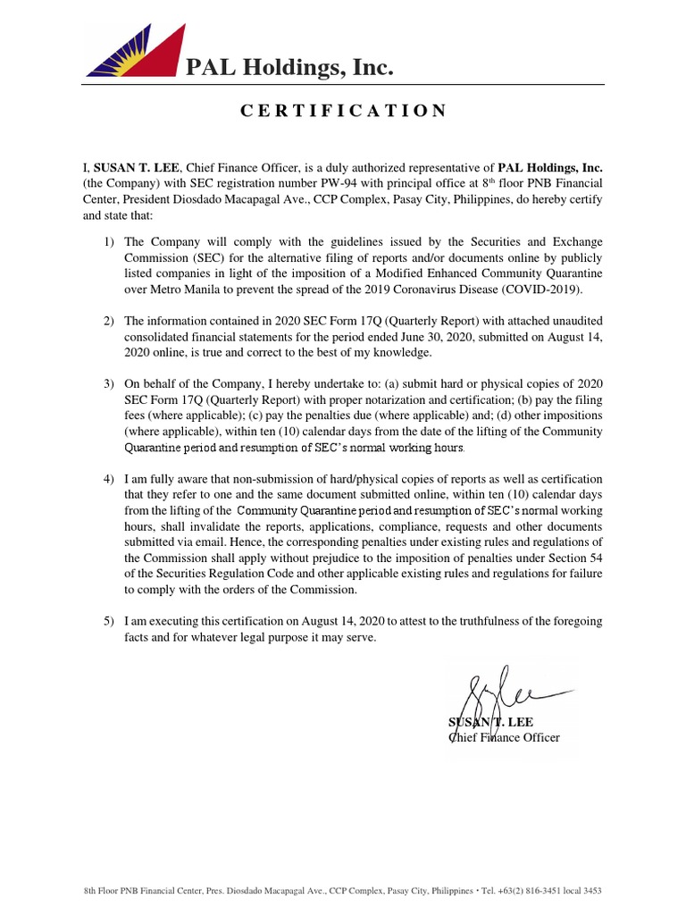 PAL Holdings, Inc.: Certification | PDF | Insurance | Accrual