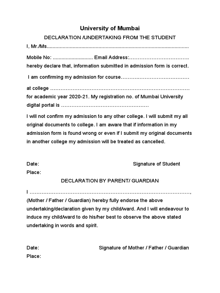 A Student's Declaration of Intent to Uphold Admission Requirements at ...