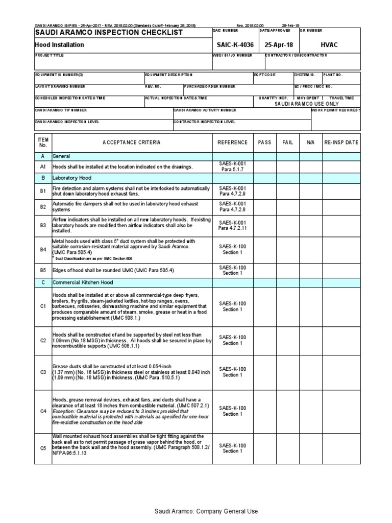 Saudi Aramco Inspection Checklist: Hood Installation SAIC-K-4036 25-Apr ...